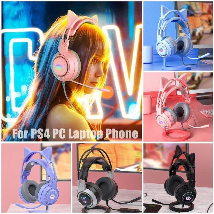 PALE Universal Stereo Sound Cat Ear LED Light Mic Control Headphone ...