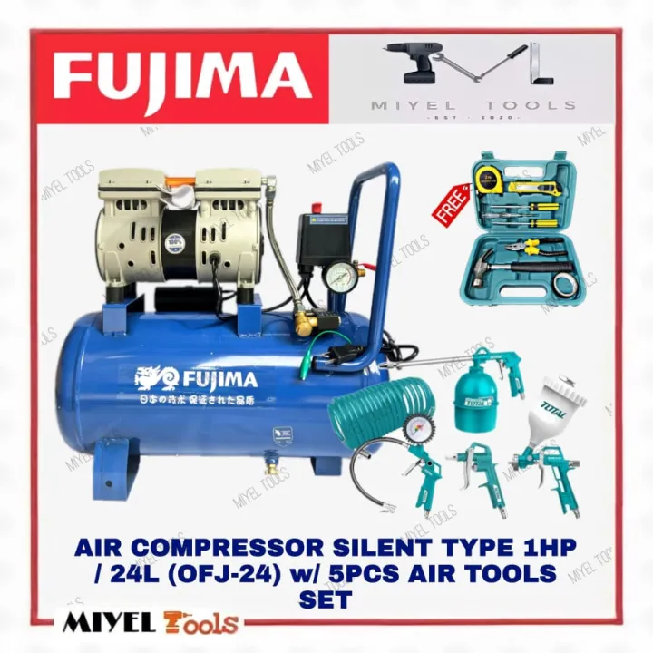 FUJIMA JAPAN Air Compressor Silent Type 1HP/24L (OFJ-24) w/ 5pcs Air ...