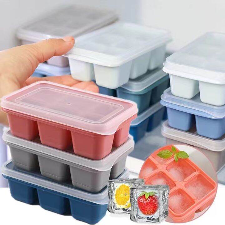 HTF 6 Grids Silicone Ice Cube Mold with Lid Square Tray for Ice Cream ...