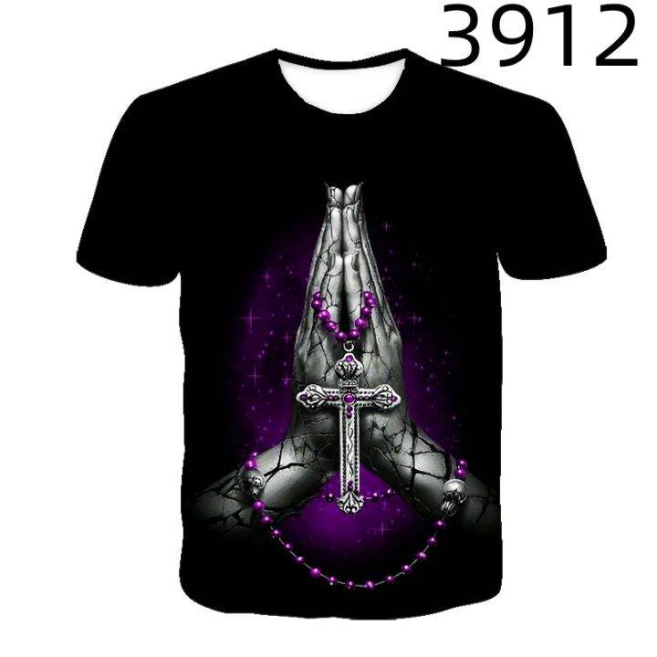 3D na ipininta ang relihiyosong Hesus Cross panalangin T-shirt, maluwag ...