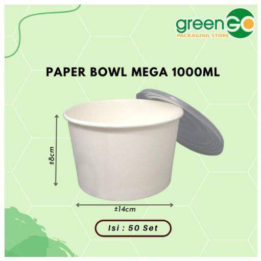 PAPER BOWL MEGA POLOS 1000ML 50 SET TUTUP WADAH RICE BOWL POLOS BESAR ...