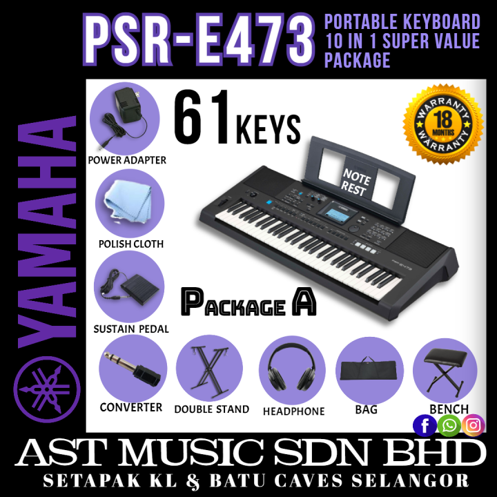 Yamaha Keyboards PSR-E473 61-Keys Portable Keyboard 10 in 1 Super Value Package ( PSRE473 / PSR ...