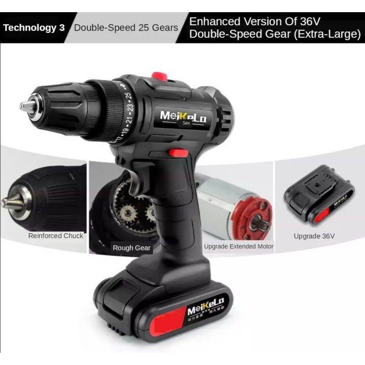 36VF Cordless Lithium Drill Dual Speed 2 Battery Drill Power Tool ...