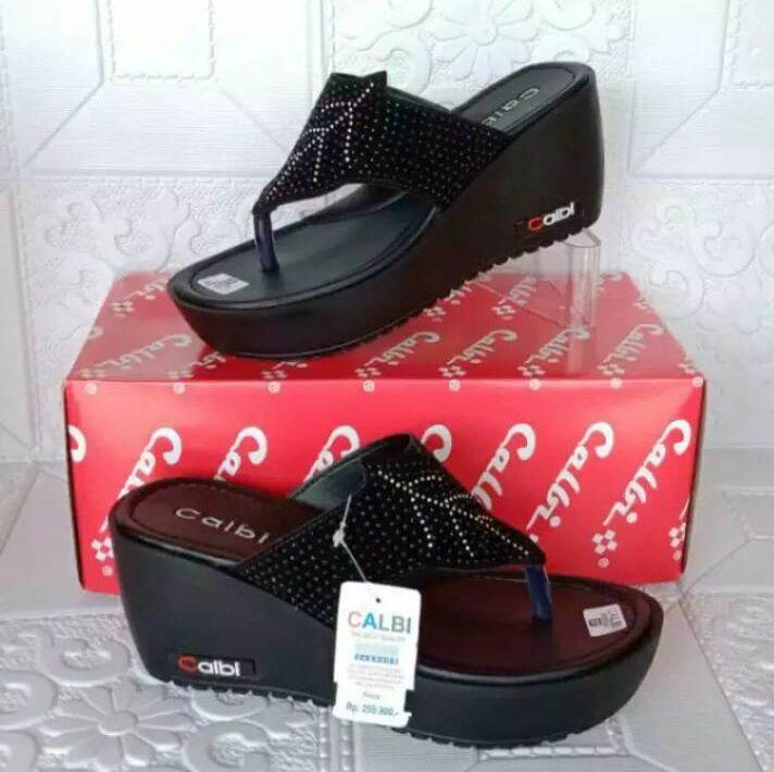 asyex shop sandal calbi wanita wedges motif daun warna hitam ukuran 37 ...