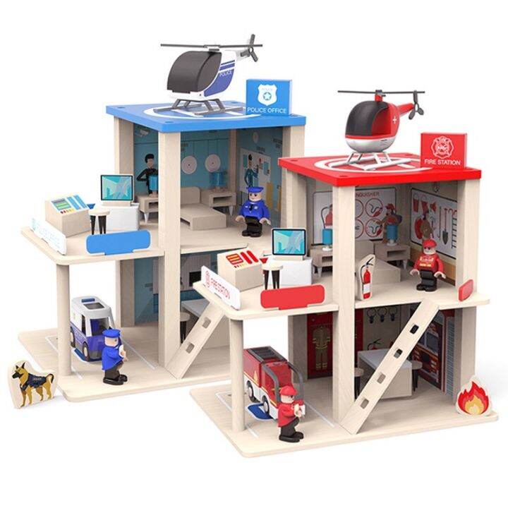 HNTOB KIDS Police Station Fire Station Playset Wooden Truck Helicopter ...