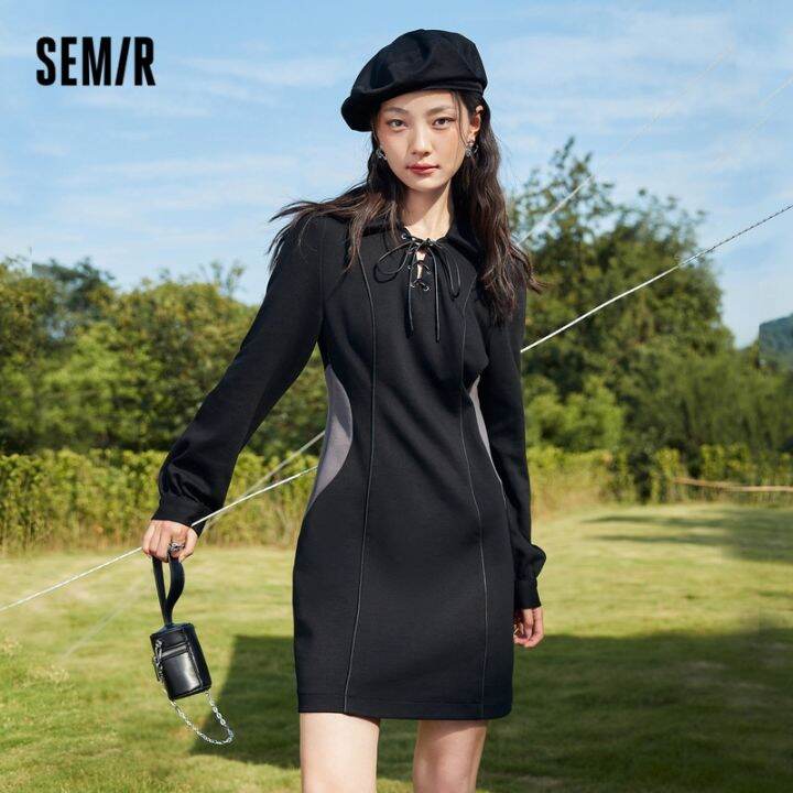 Semir ชุดผู้หญิง Lapel เย็บ2022ฤดูใบไม้ร่วงใหม่ Slim แขนยาวสีดำชุดสำหรับ Woman | Lazada.co.th