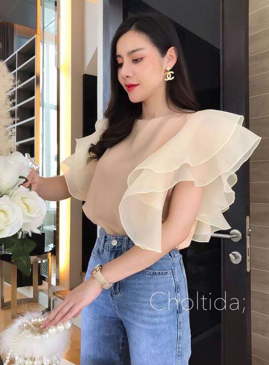 Choltida 💘 เสื้อแขนแองเจิ้ล เนื้อผ้าคอตตอนแครป แขนระบายผ้าแก้วออร์แกนดี้ งานอรังค์ปังค์มาก อก ...