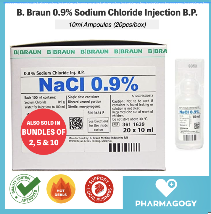 B. Braun 0.9% Sodium Chloride NaCl Injection B.P. 10mL, 20 Ampoules/Box, B Braun Saline ...
