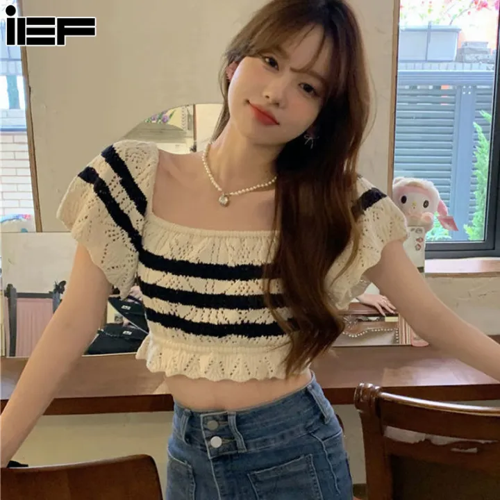 IEF 2022เสื้อผ้าใหม่สแควร์คอปกสีดำและสีขาวลายที่ไม่มีสายหนังทุกวันถักเสื้อกันหนาวผู้หญิงทุกการ ...