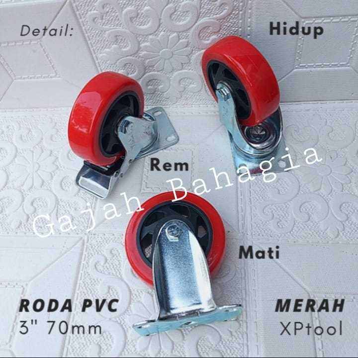 Roda PVC 3 inch 75 mm merah Mati Hidup Rem Roda kastor Troli Etalase ...