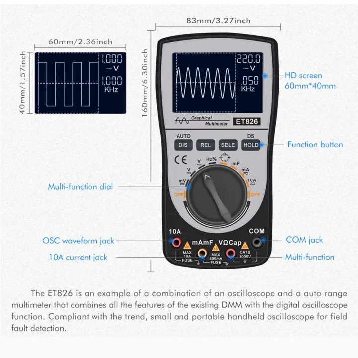 Multimeter Oscilloscope ACV/DCV/ACA/DCA Digital ET826 Handheld ...