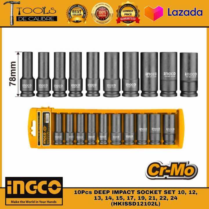 INGCO 10Pcs 1/2" Deep Impact Socket Set 10, 12, 13, 14, 15, 17, 19, 21 ...