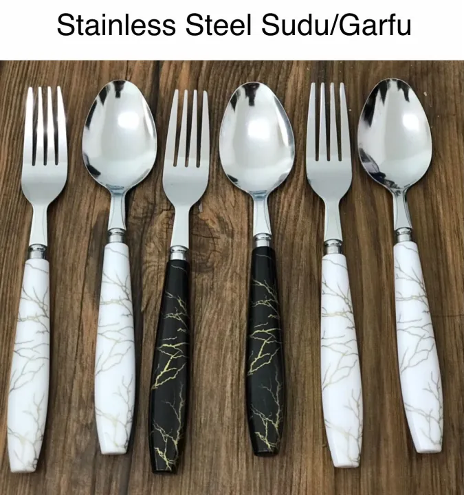 【READY STOCK】1pcs White And Black Marble Spoon And Fork Stainless Steel ...