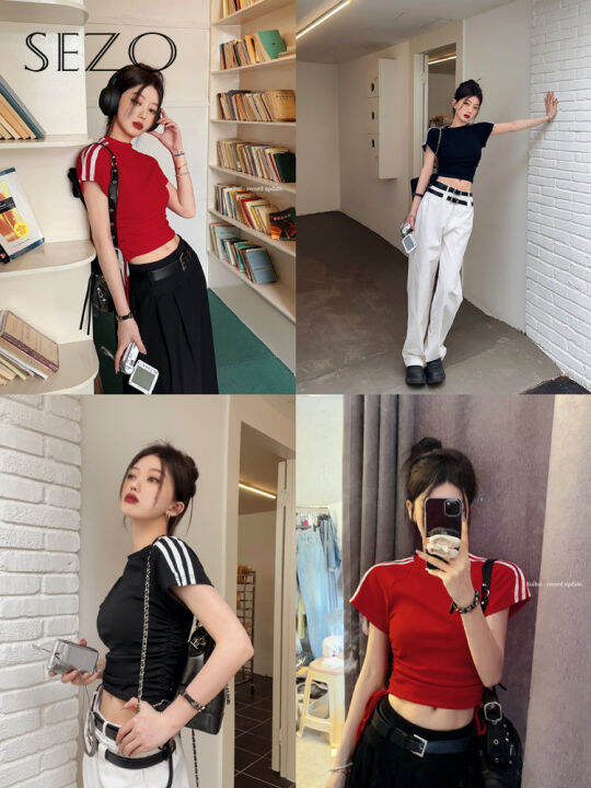 SEZO เสื้อยืดแขนสั้นสำหรับผู้หญิงเปิดสะดือตัดสั้นแนวสปอร์ตเกาหลี ...
