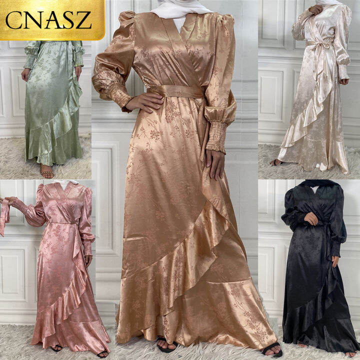Fashion Flower Turkey Satin Abaya Muslim Woman Jilbeb Kaftan Wedding ...