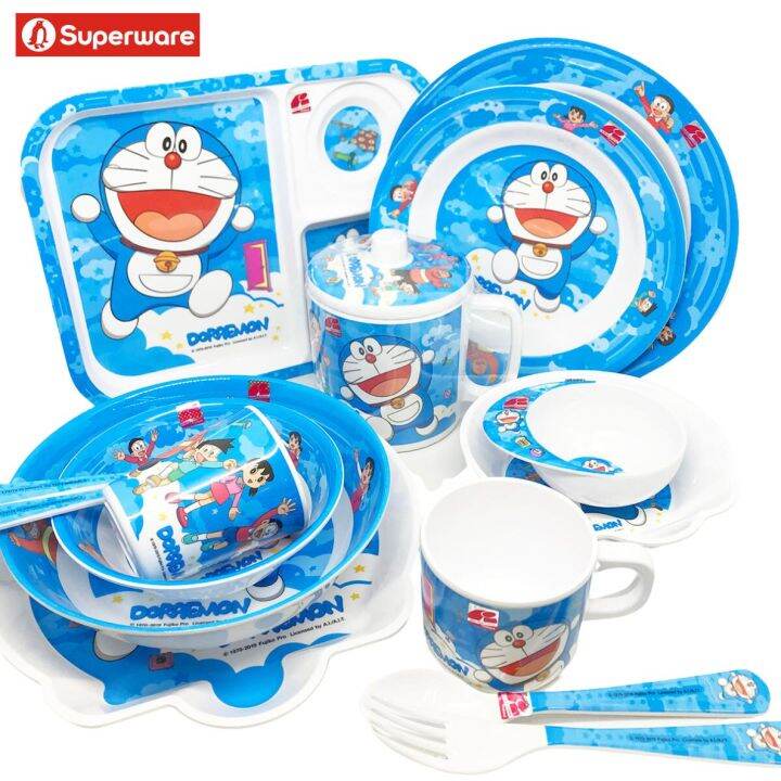 [ขายแยกชิ้น] โดเรม่อน สกาย จานข้าวเด็ก ชาม ถาดหลุม แก้วน้ำ ช้อนส้อม เมลามีน Doraemon Superware ...