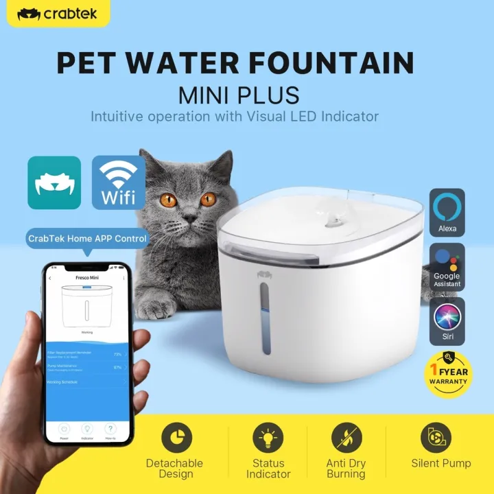 CrabTek Smart Pet Water Fountain Mini 1.9L App Control Cat Water ...