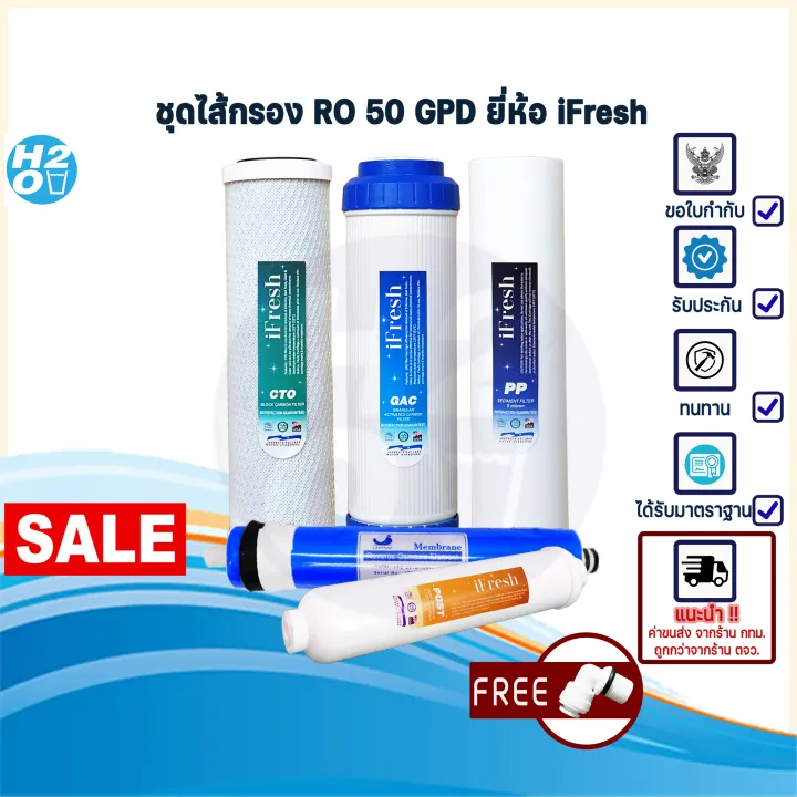 iFresh ชุดไส้กรองน้ำ iFresh เครื่องกรองน้ำ RO 50 GPD ไส้กรอง PP, Gac, CTO, Ro Membrane, Post ...