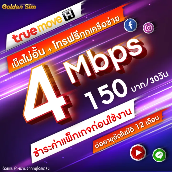 ซิมเทพทรู True เล่นเน็ต 4 Mbps ไม่อั้น ไม่ลดสปีด + โทรทุกเครือข่าย นาน 12 เดือน (ใช้ TRUE Wifi ...