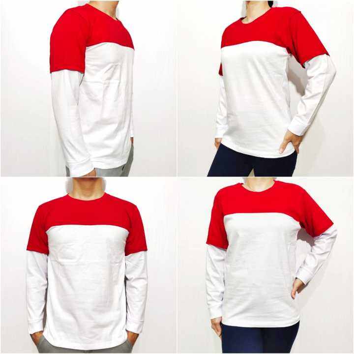 Kaos Polos Kombinasi Merah Putih Longskate Pria Wanita Lengan Panjang ...