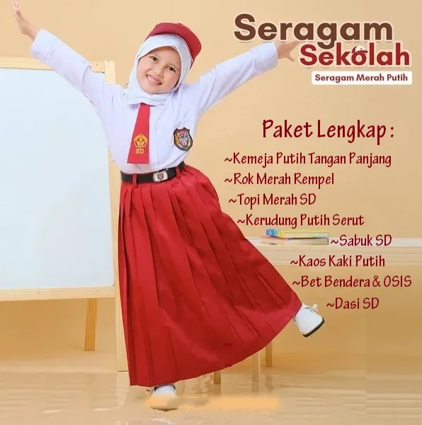 Seragam SD Tangan Panjang Anak Perempuan Merah Putih Lengkap Atribut ...