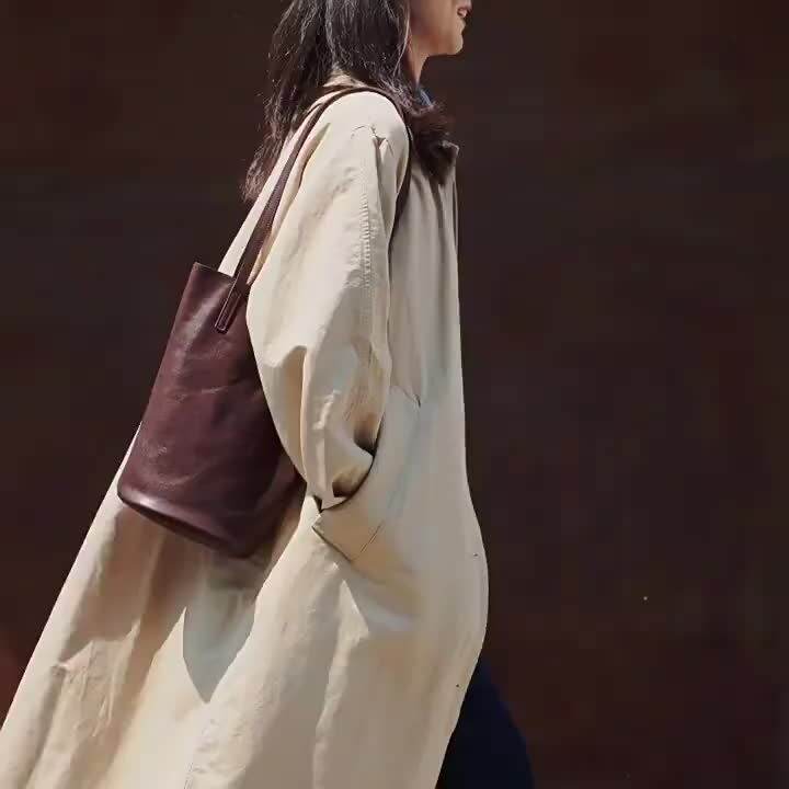 Qiu Zhen กระเป๋าทรงถังขี้เกียจกระเป๋าสะพายหนังผู้หญิงย้อนยุคเรียบง่าย ...