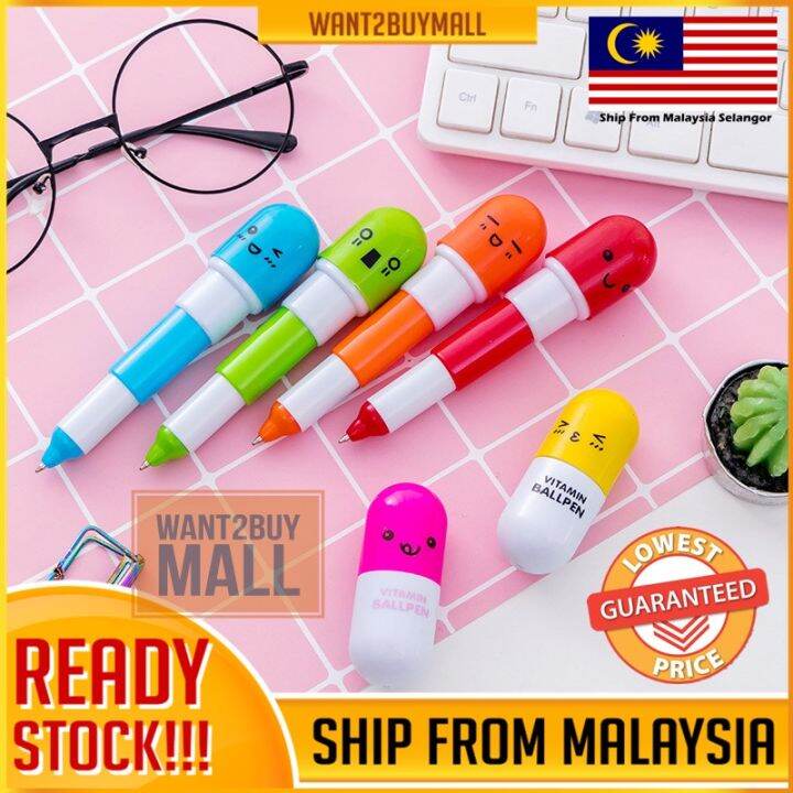 🇲🇾 🏆 Vitamin Capsule Retractable Telescopic Writing Pen Mini Ballpoint Pen Cute Emoticons ...