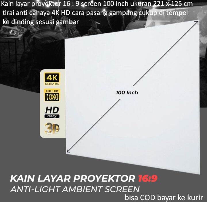 Kain layar proyektor 16 : 9 screen 100 inch ukuran 221 x 125 cm tirai ...