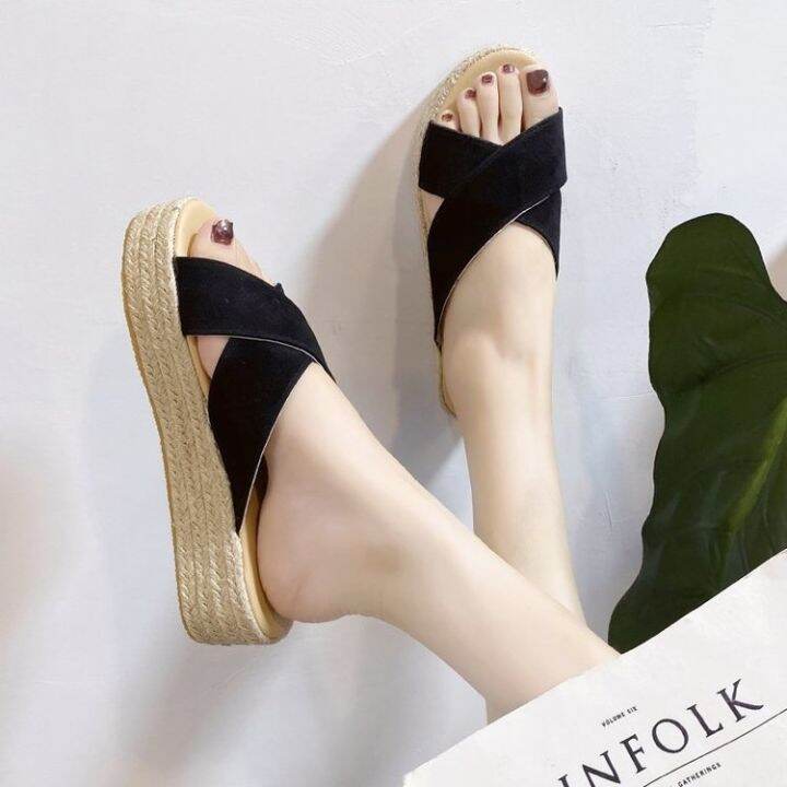 Suede straw wedge cool slippers girl summer outside sponge thick soles ...