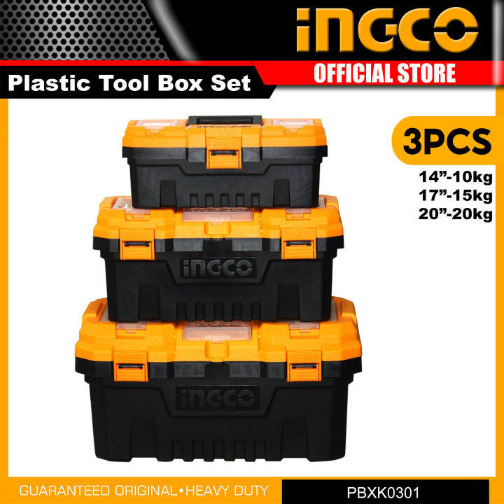 INGCO 3PCS/SET Tool Box 14" Inch, 17" Inch & 20" Inch Plastic Buckle Latches Plastic Organizer ...