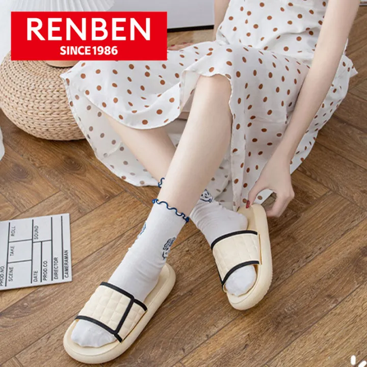 RENBEN ฤดูร้อนเวอร์ชั่นเกาหลีใหม่ของ Ins ก้าวบนสลิปเปอร์ผู้หญิงรองเท้าแตะพื้นหนาลายสก๊อตสีดำและ ...