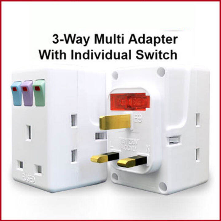 3 Way Triple Plug Adaptor Multi Plugs with Individual Switch Extension ...