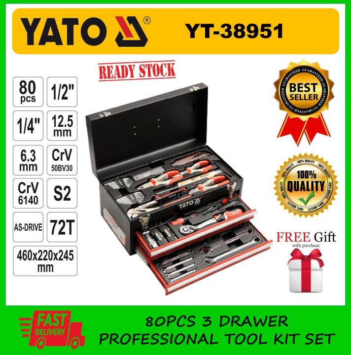 YATO YT-38951 80PCS 3 DRAWER PROFESSIONAL TOOL KIT SET | Lazada