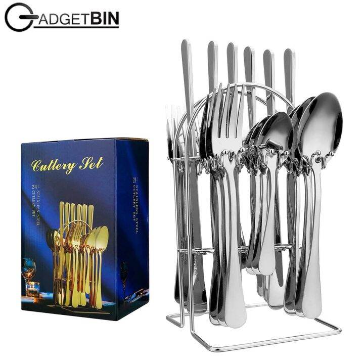 Premium 24pcs Gold Stainless Steel Cutlery Set with Stand | Lazada