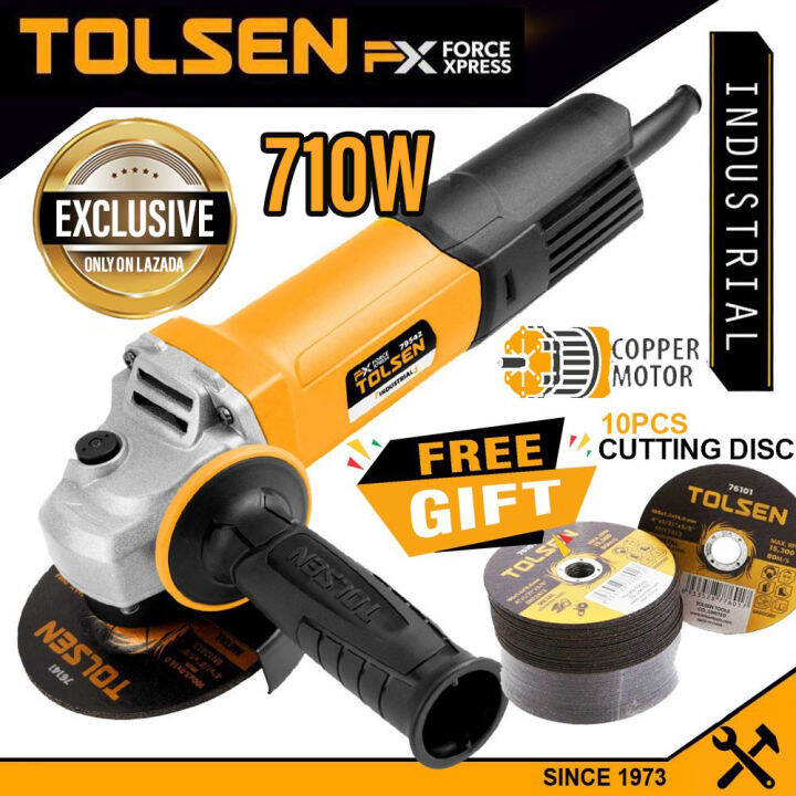 Tolsen EXCLUSIVE Angle Grinder w/ 10pcs FREE Cutting Disc (710W) Copper Motor 79544+76101 ...