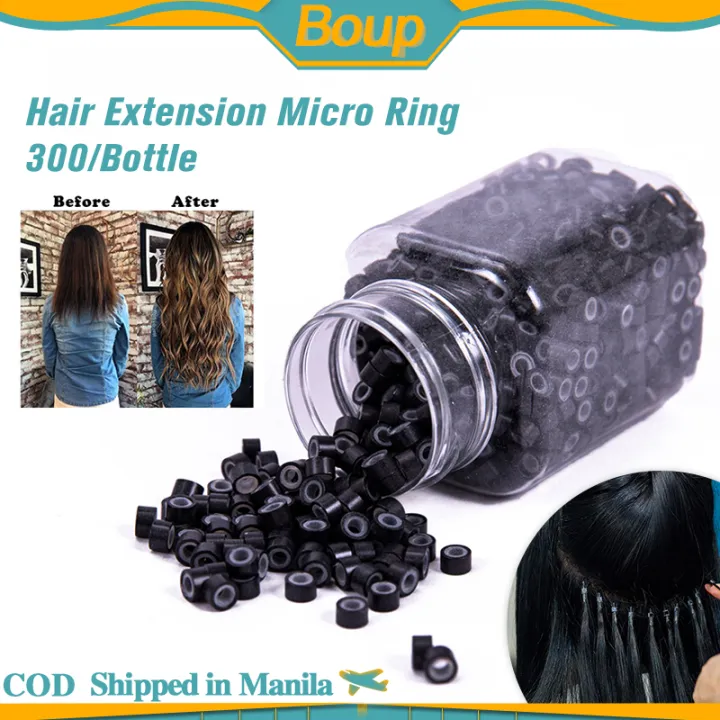 300Pcs/Bottle Hair Extension Micro Ring Black Silicone Lined Beads Micro Link Rings Hair ...