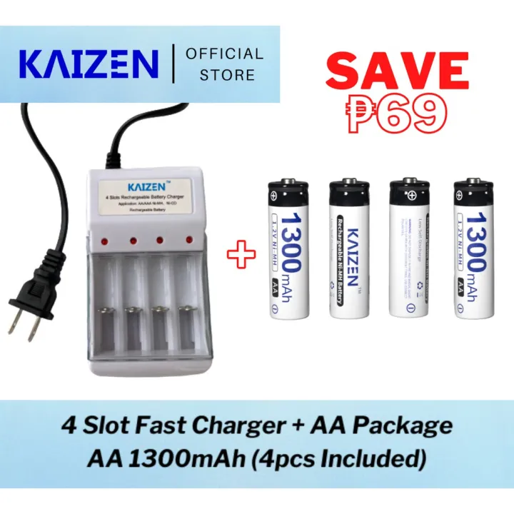 Kaizen Combo 4 4 Slot Charger w/ AA 1300mAh Rechargeable Battery ...