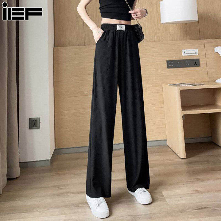 IEF 2023ผู้หญิงสีทึบกางเกงขากว้างเกาหลีเอวสูงกางเกงตรงสีทึบขนาดใหญ่ที่เรียบง่ายกางเกงซับ ...