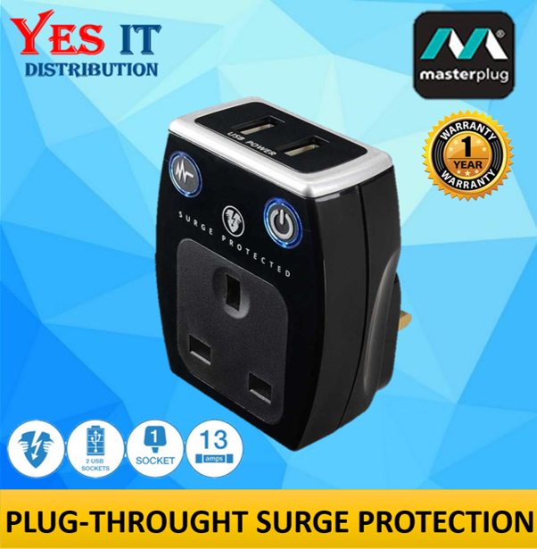 Masterplug Surge Protector 1 Gang 2 USB 3.1A Power Adaptor Safety ...