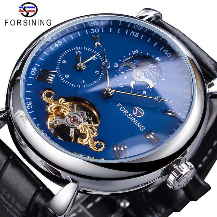 Forsining Automatic Watch Dual Time Zone Tourbillon Design Moon Phase ...