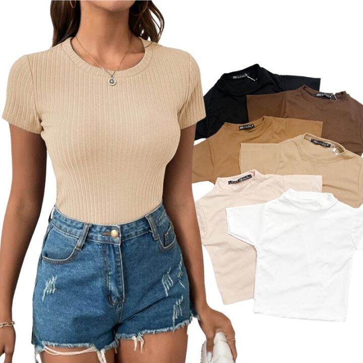 JT AVISHA.PH Bestseller RTW Basic Round Neck Rib Knit Solid Crop Tee Minimalist Top Pambahay ...