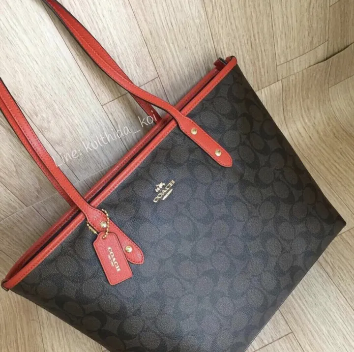 Coach F36876 Brown / Red Orange City Zip Tote in Signature Coated ...