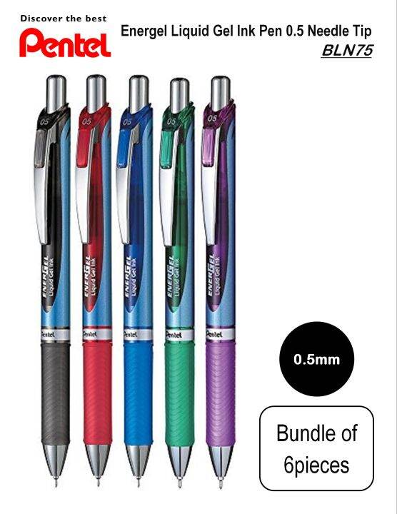 Pentel Energel Liquid Gel Ink Pen 05 Needle Tip BLN75 (Bundle of 6pcs ...