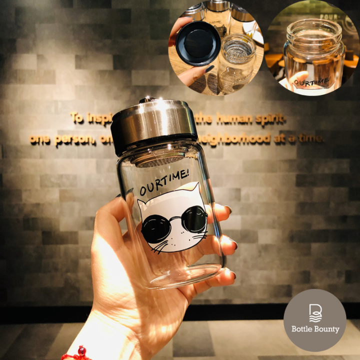Kawaii Cat with Spectacle Glass Bottle Water Bottle Tea Cup 300ml Botol ...