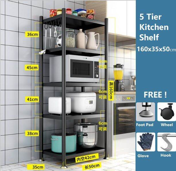 5 Tier Stainless Steel Storage Rack Kitchen Shelf Rak Dapur With Wheel ...