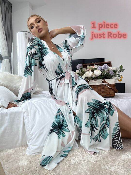 Jubah Mandi Kimono Renda Musim Panas Gaun Malam Panjang Sisi Terbuka