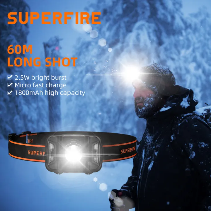SUPERFIRE HL18ไฟฉายคาดศีรษะ LED ซูมเซ็นเซอร์ตรวจจับการเคลื่อนไหวโคมไฟยู ...