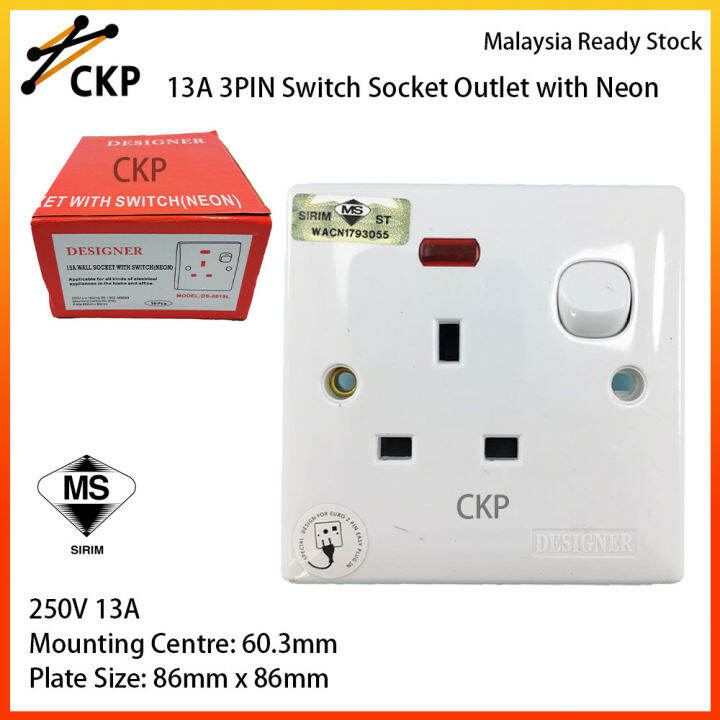 13A 250V 3PIN Switch Socket Outlet with Switch (Neon) with SIRIM ...