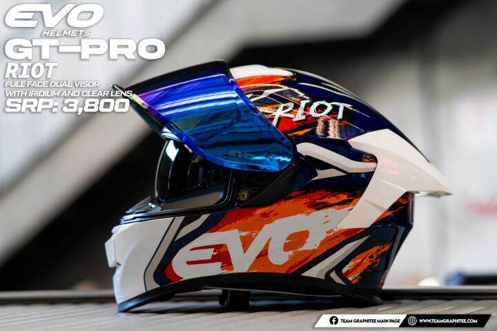 EVO GT-PRO RIOT ORANGE (BLUE REVO LENS) FULL FACE DUAL VISOR WITH FREE ...