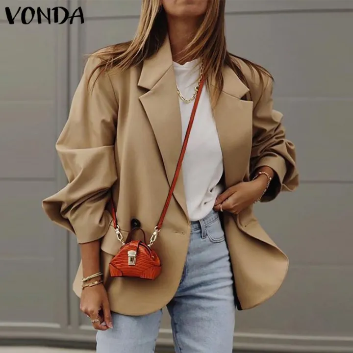VONDA เสื้อโค้ทแขนยาวสำหรับผู้หญิง,เสื้อสูทเบลเซอร์มีกระดุมคอปกแบบลำลอง ...